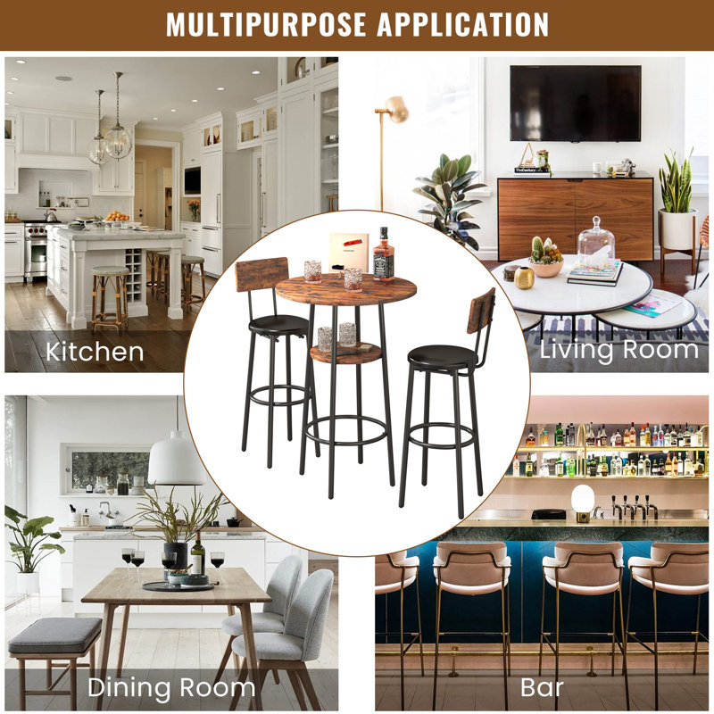 17 Stories 3-Piece Bar Table Set for 2, 2-Tier Round Bistro Dining Table & PU Stools, Counter ...